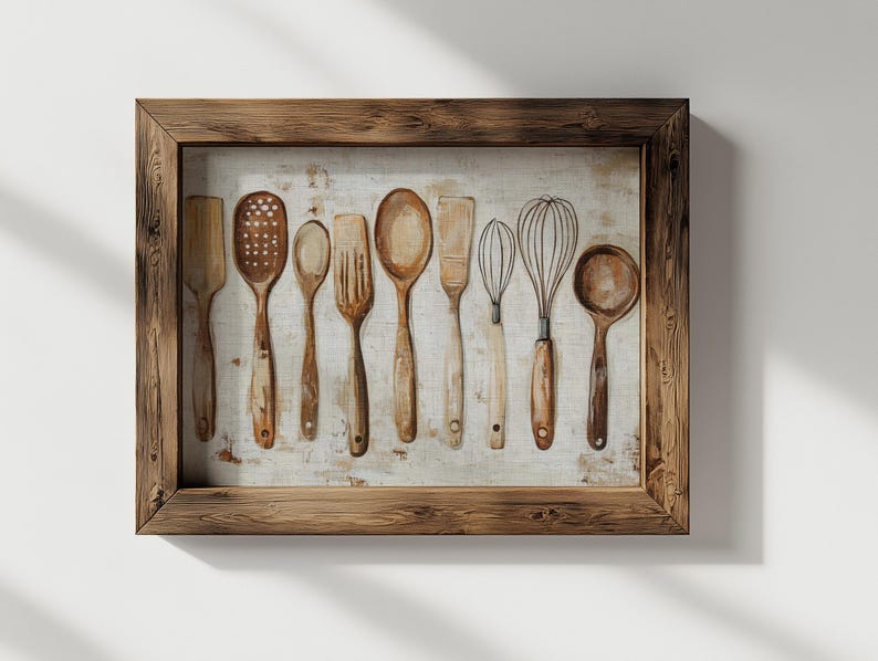 Rustic Kitchen Utensil Print, Farmhouse Kitchen Wall Art, Vintage ...