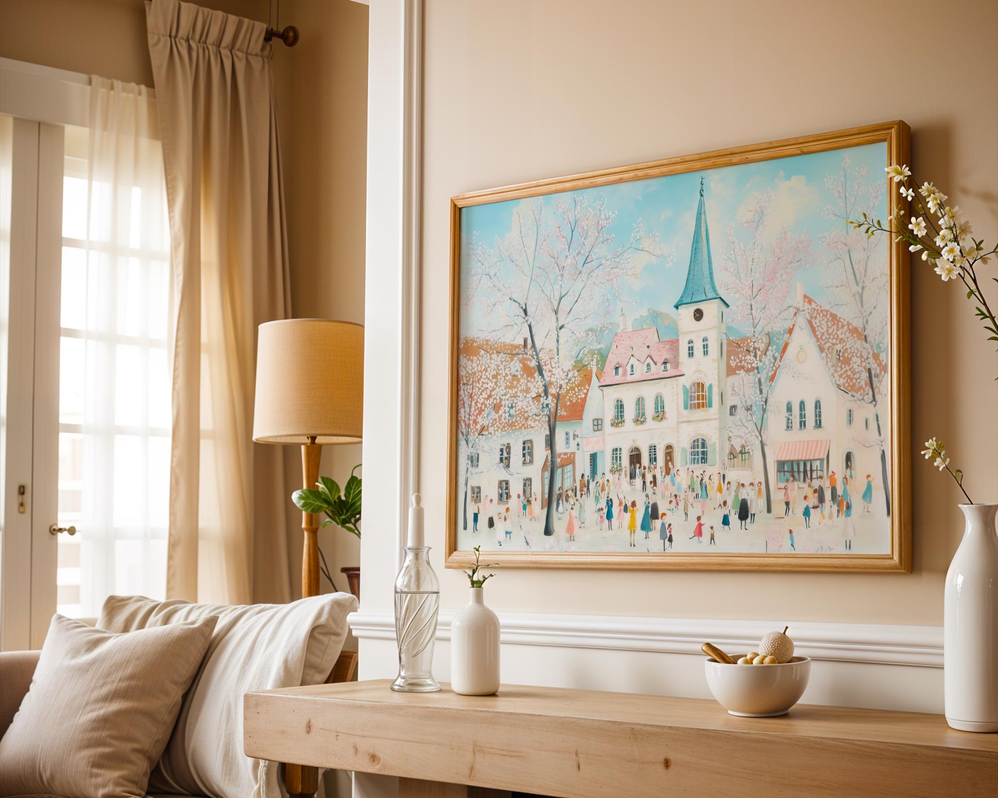 Charming Spring Print, Pastel Wall Art, Pastel Village Print, Romantic ...