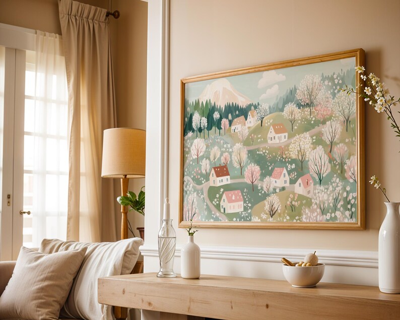 Springtime Village Scene, Blooming Trees Print, Mountain View Art Print ...