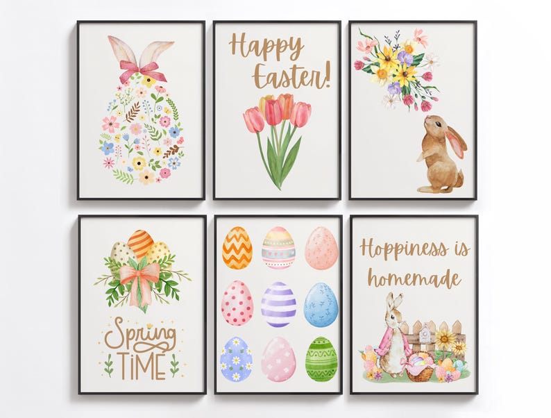 Easter Wall Art Set, Spring Printable Decor, Floral Easter Eggs, Spring ...