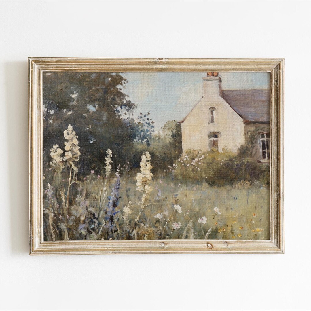 English Cottage Garden Oil Painting, Vintage Floral Landscape Wall Art ...
