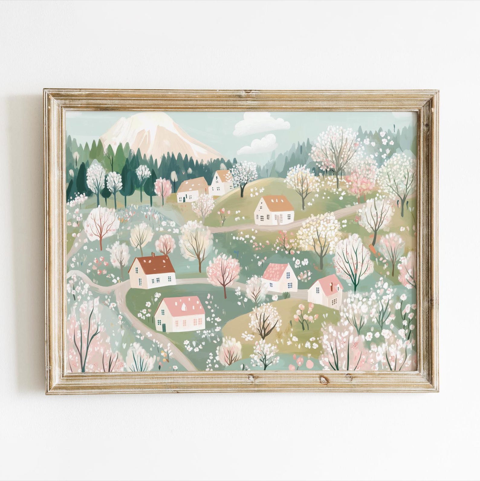 Springtime Village Scene, Blooming Trees Print, Mountain View Art Print ...
