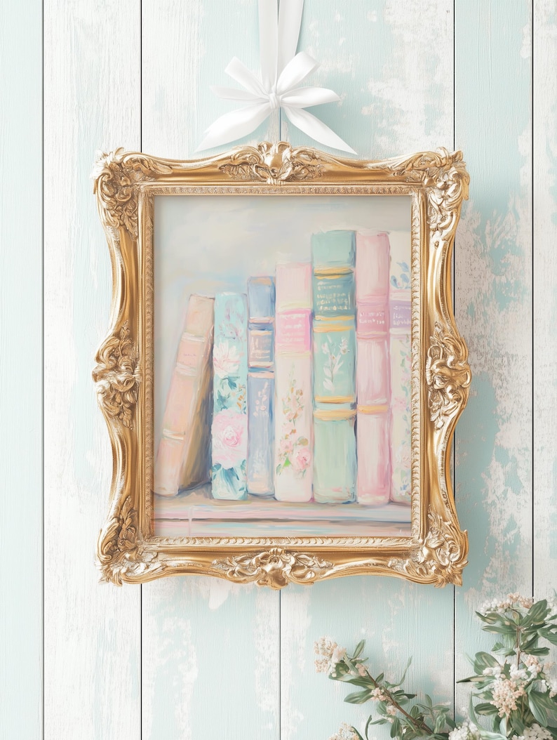 Vintage Bookshelf Wall Art, Pastel Cottagecore Book Stack Painting ...