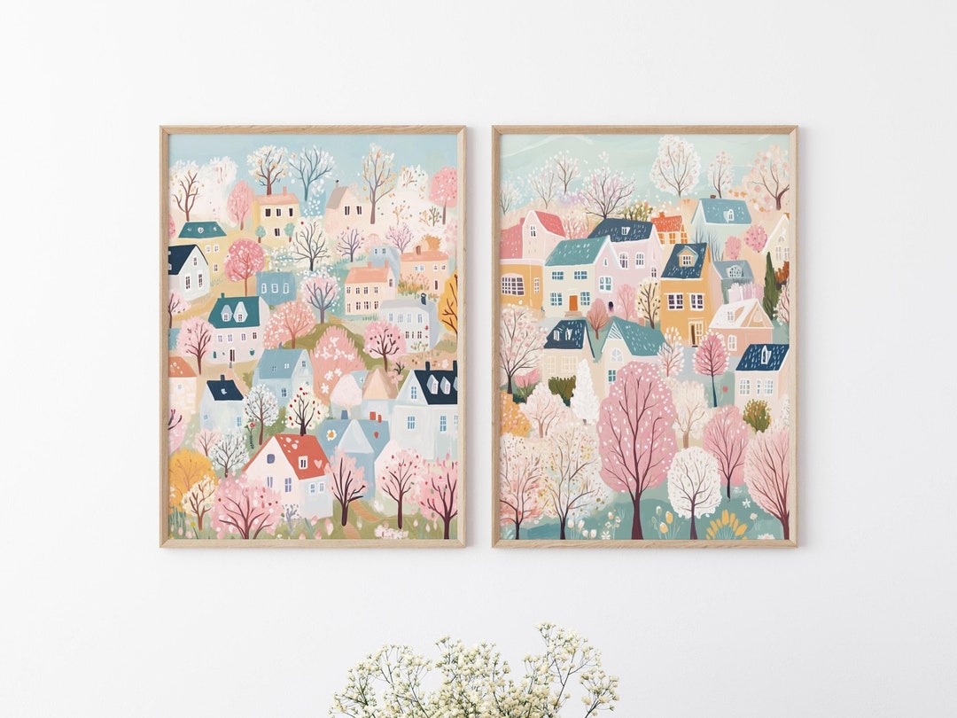 Spring Village Wall Art Set | Cottagecore Digital Download | Pastel ...