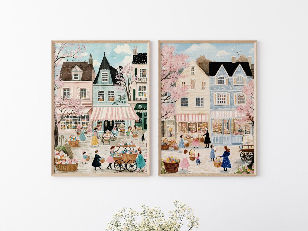 Whimsical Easter Town Print, Cottagecore Easter Village Art, Easter ...