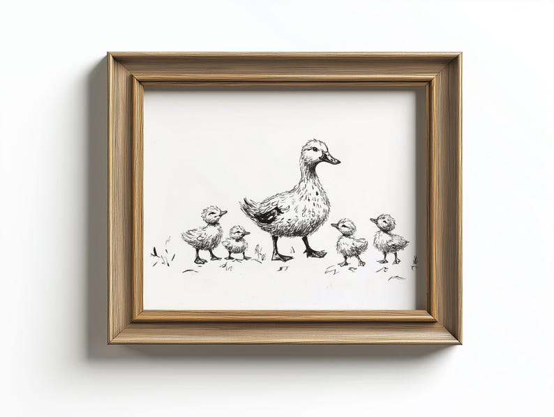 Landscape Duck Family Print, Ink Drawing, Rustic Farmhouse Wall Art ...