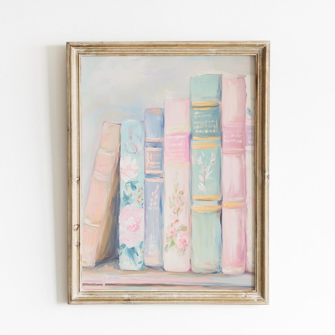 Vintage Bookshelf Wall Art, Pastel Cottagecore Book Stack Painting ...