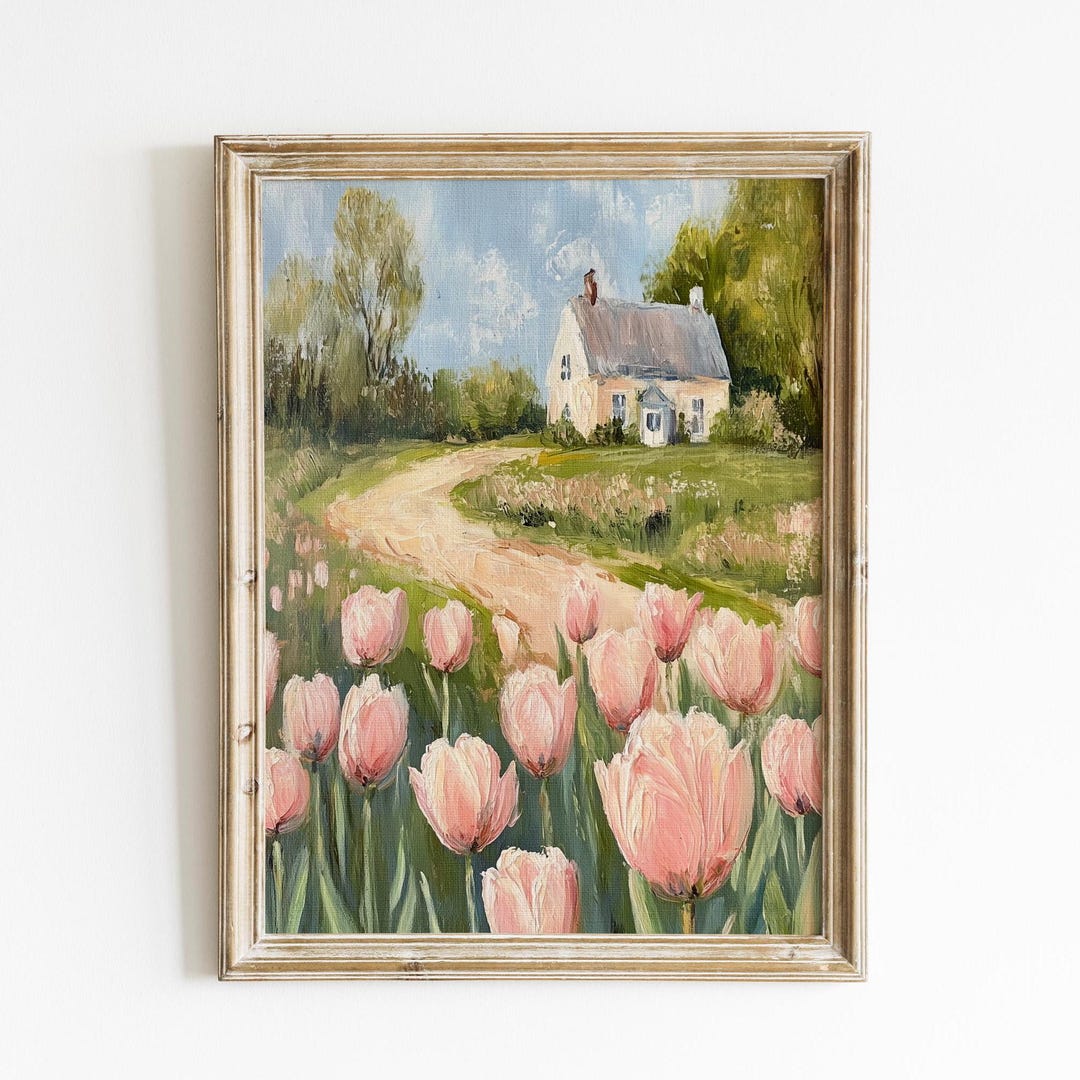 Cottagecore Tulip Field Print, Spring Floral Art, Pastel Farmhouse Wall ...