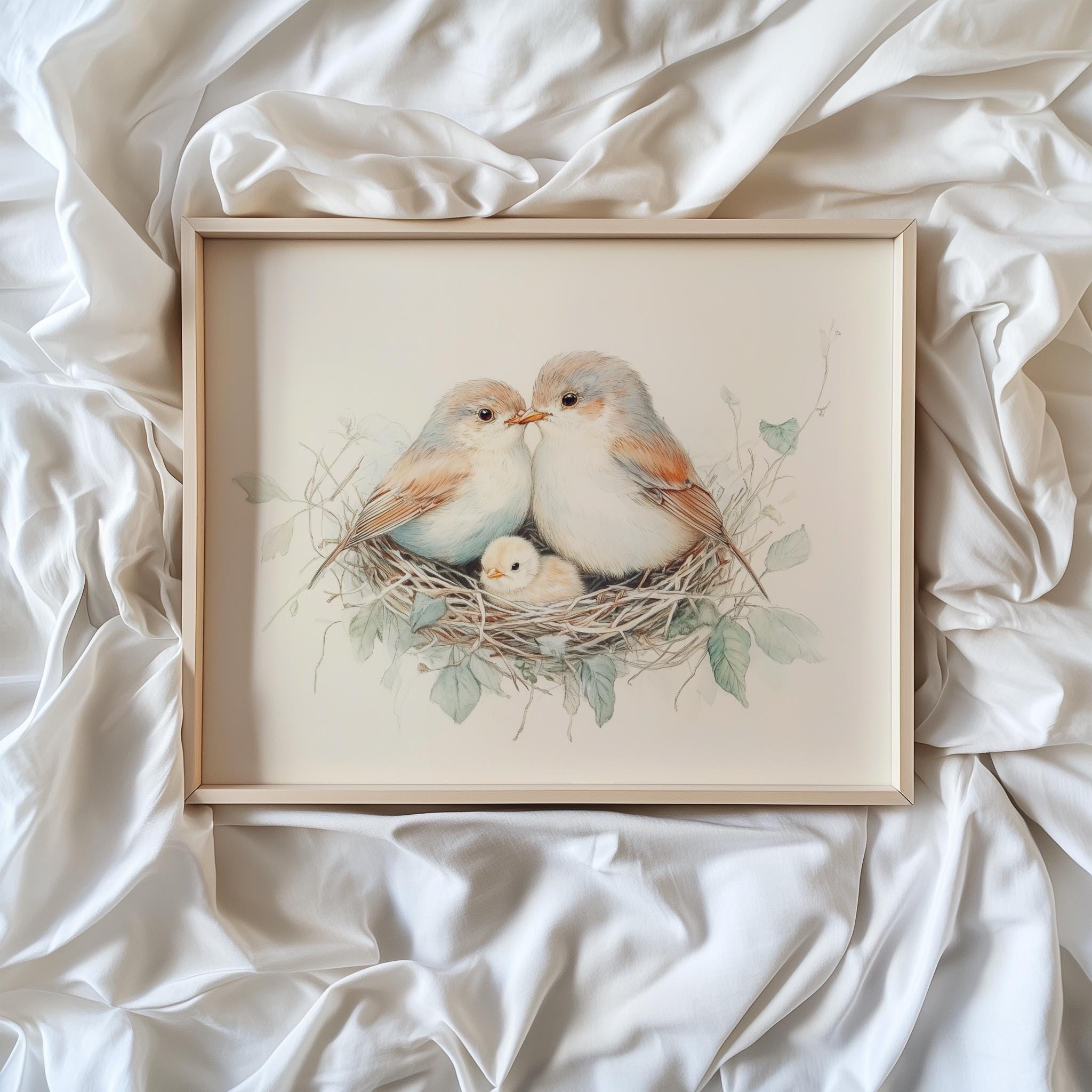 Bird Family in Nest Watercolor Print, Woodland Nursery Bird Art, Baby ...