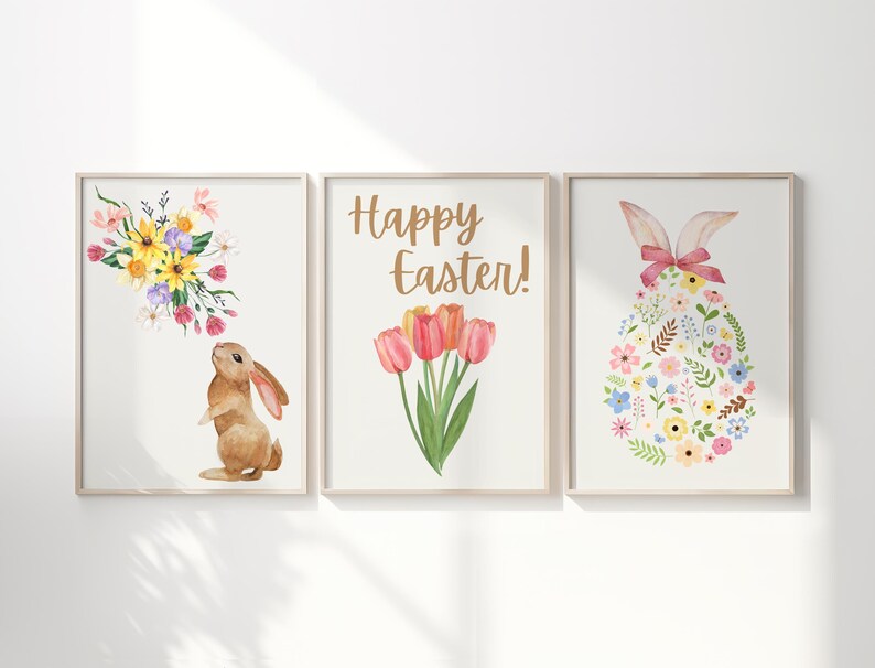 Easter Wall Art Set, Spring Printable Decor, Floral Easter Eggs, Spring ...