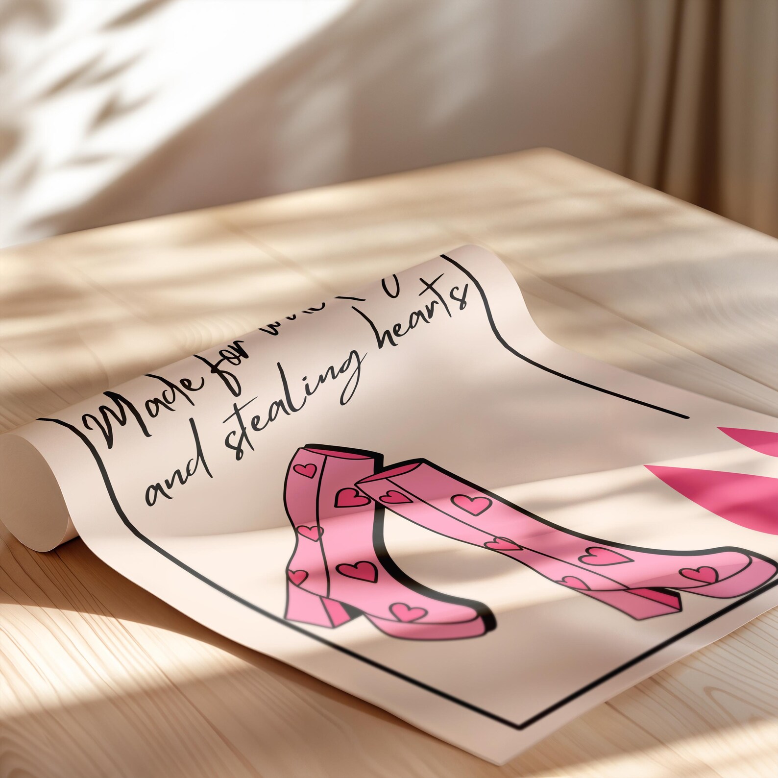 Pink Boots Wall Art , Chic Typography, Heart Themed Illustration ...