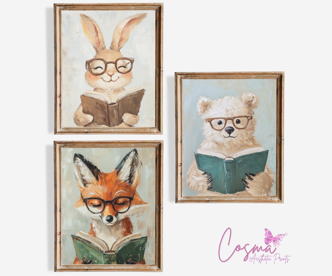 Charming Woodland Animal Reading Prints, Bookish Wall Art, Library ...