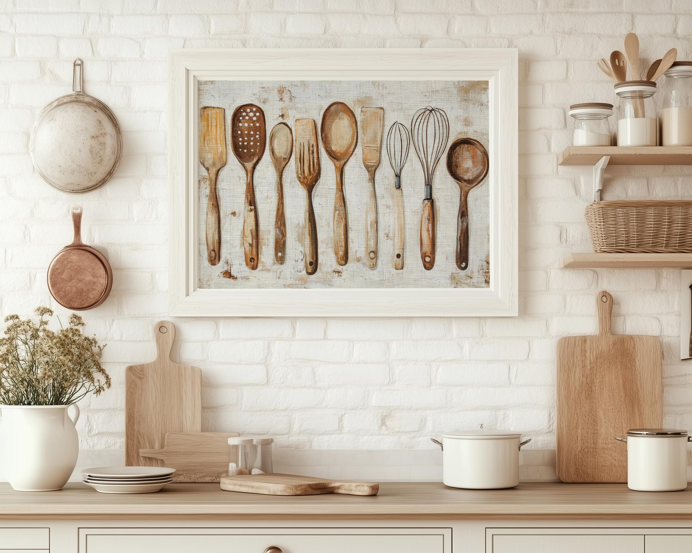 Rustic Kitchen Utensil Print, Farmhouse Kitchen Wall Art, Vintage ...