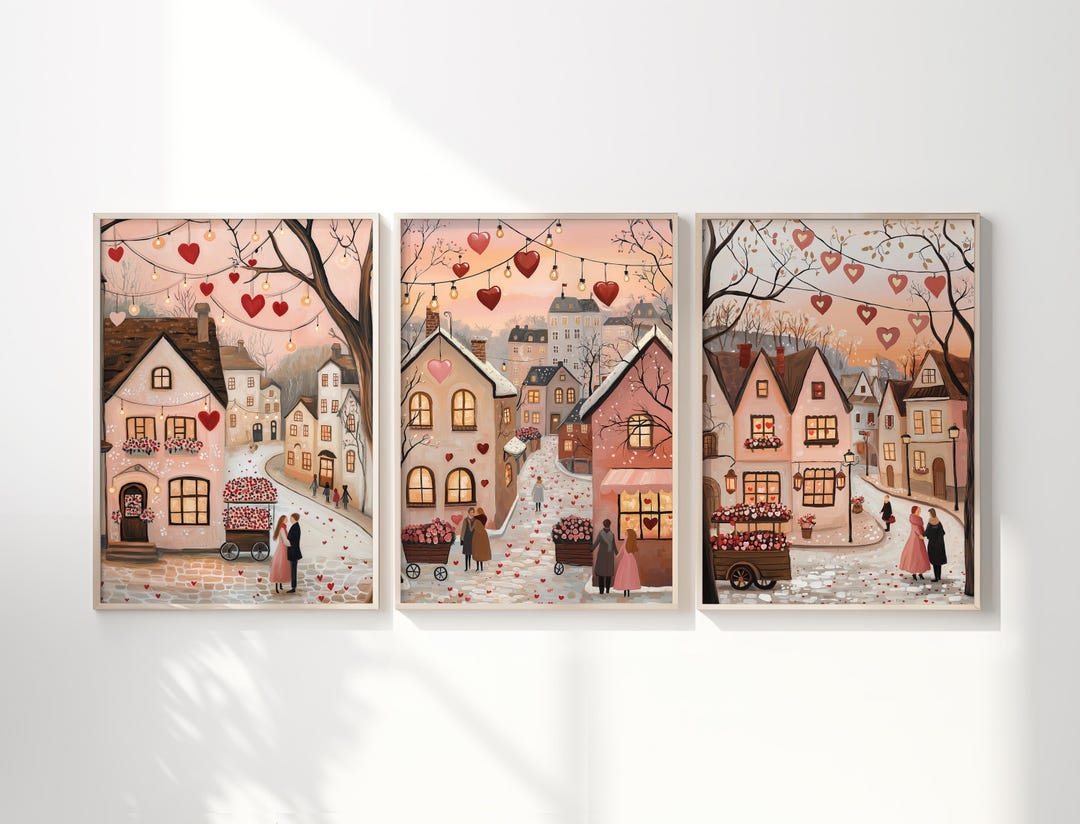 Valentines Day Village Print Bundle, Romantic Digital Wall Art Print ...