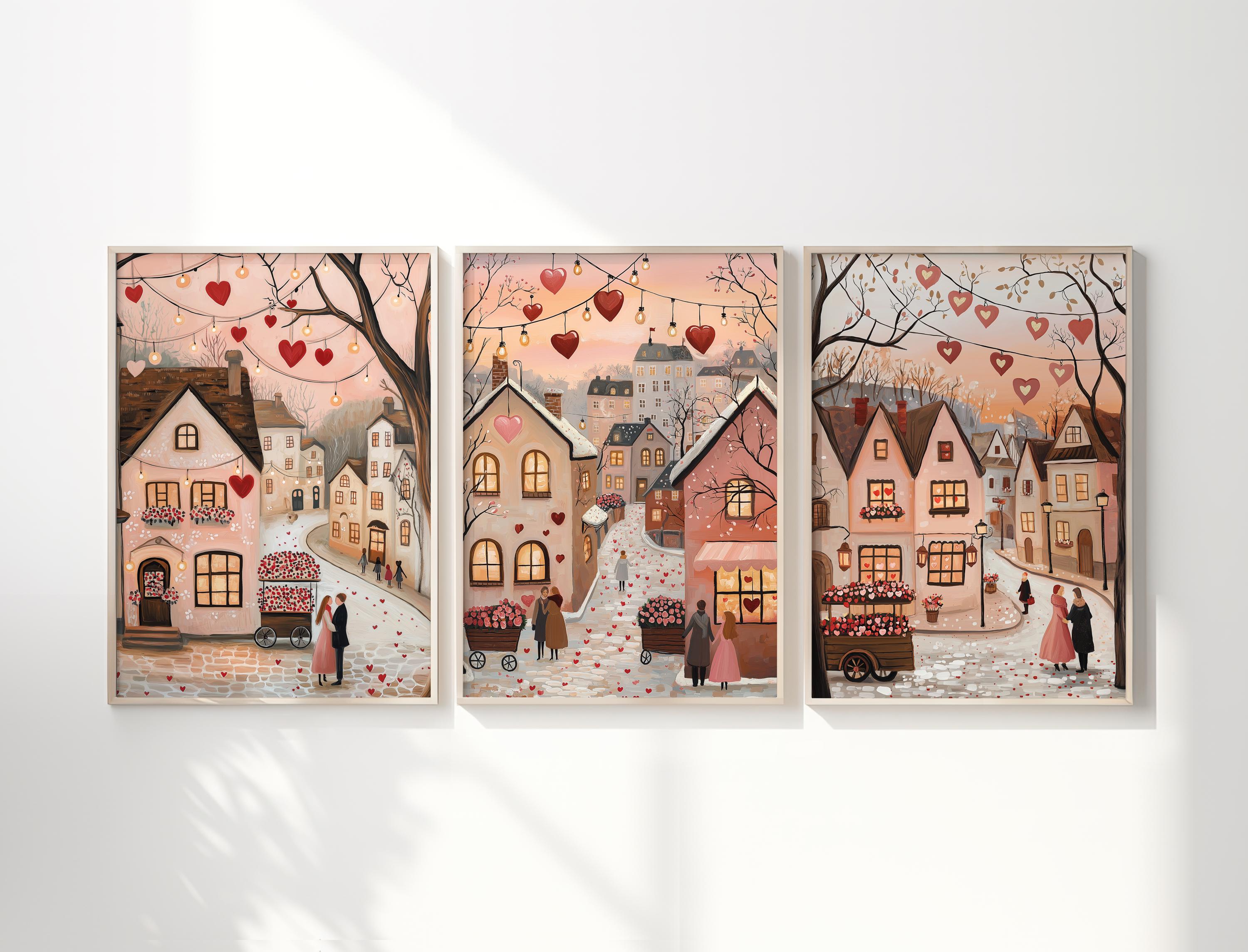 Valentines Day Village Print Bundle, Romantic Digital Wall Art Prints ...