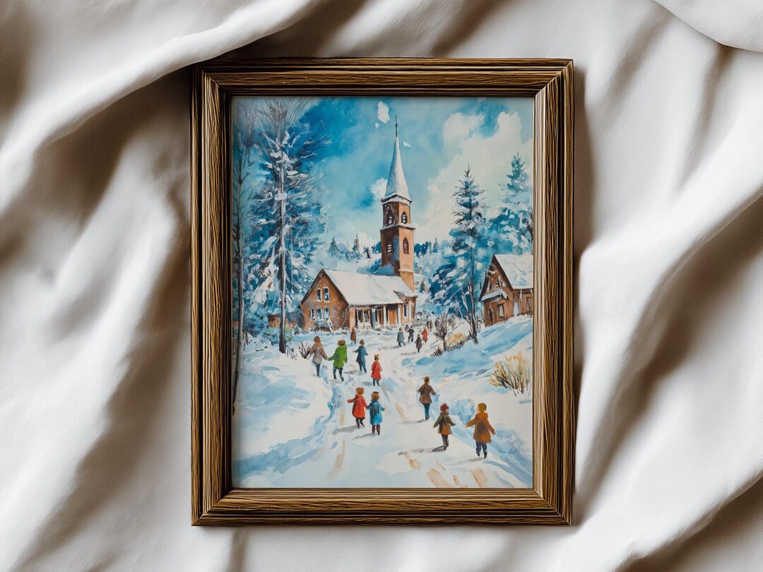 Naive Art Winter Church Watercolor Print | Folk Christmas Village Scene ...