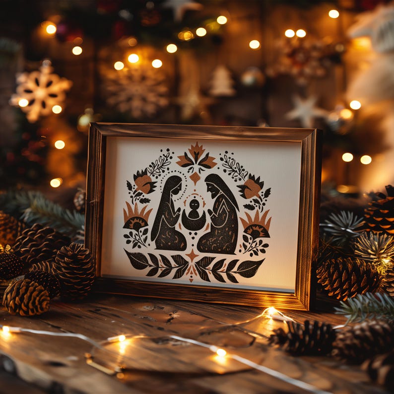 Folk Art Nativity Scene Print | Rustic Christmas Art | Modern Nativity ...