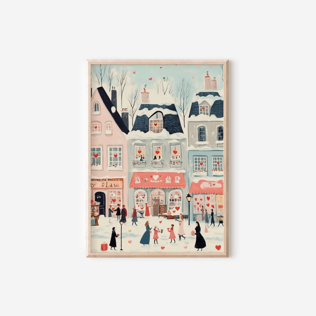 Valentines Day Village Wall Art, Romantic Scene, Cute Valentine Town ...