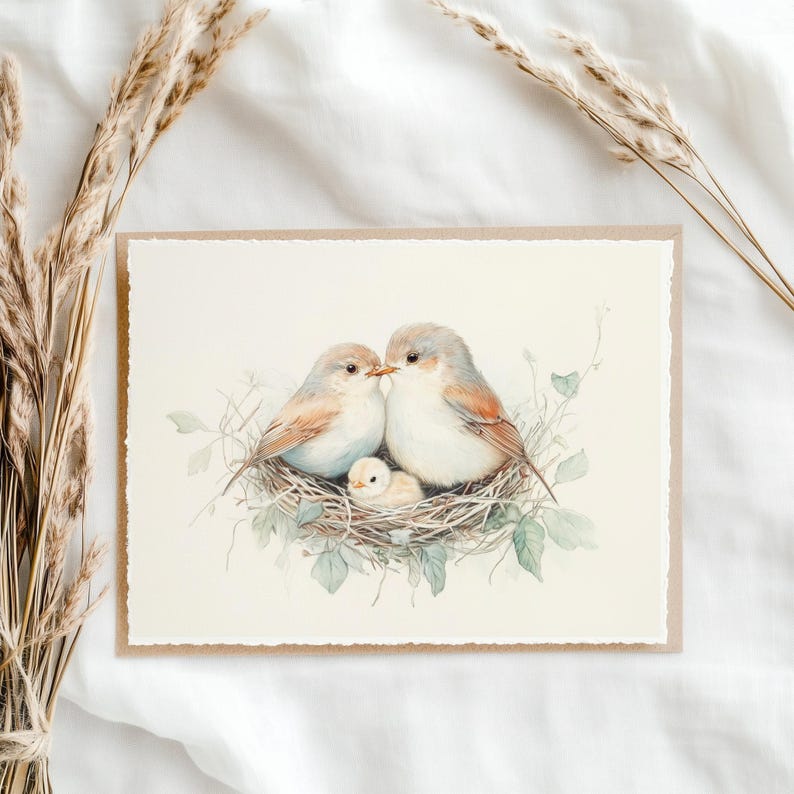 Bird Family in Nest Watercolor Print, Woodland Nursery Bird Art, Baby ...