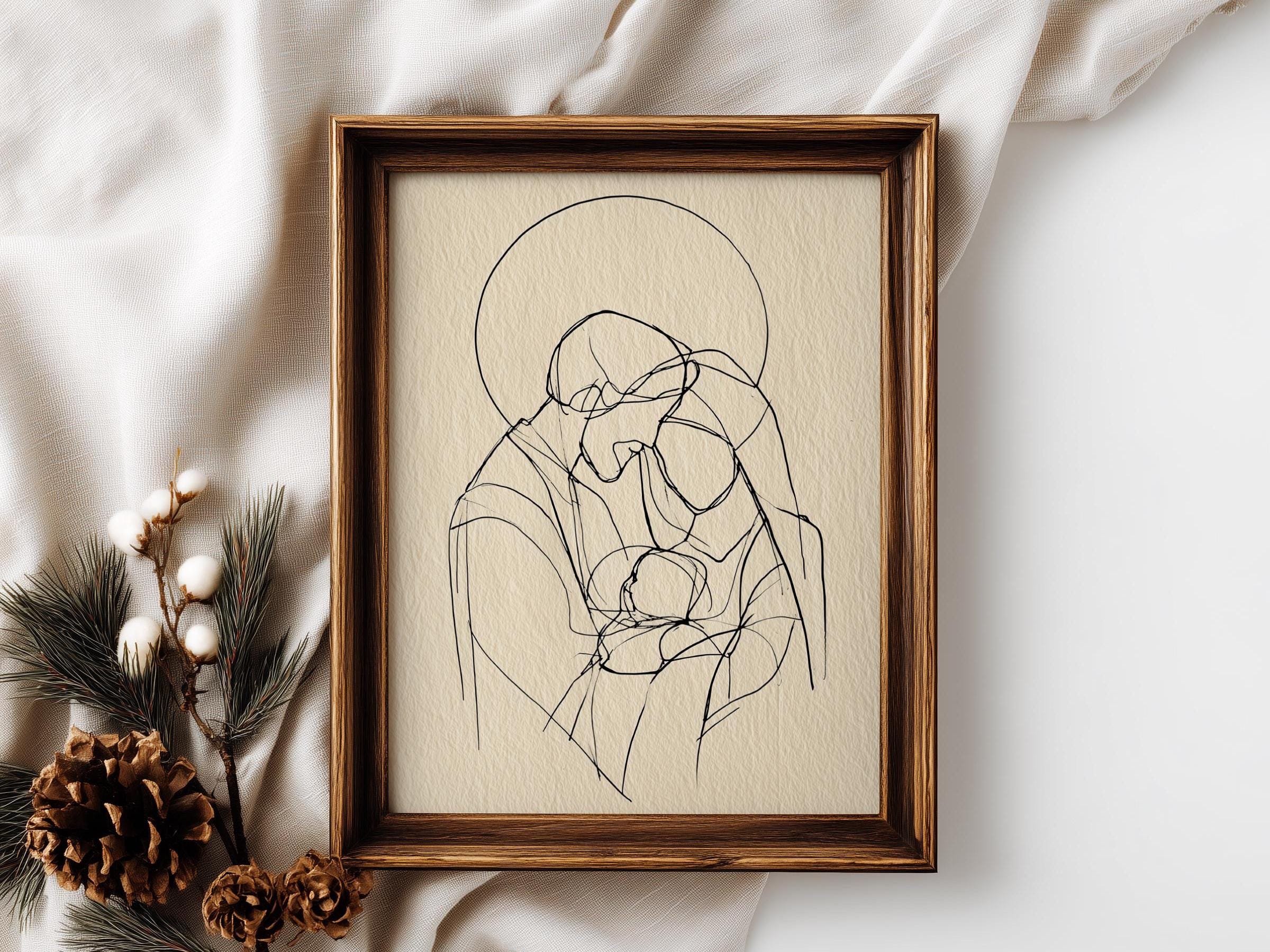 Minimalist Holy Family Line Art Print | One Line Nativity Sketch ...