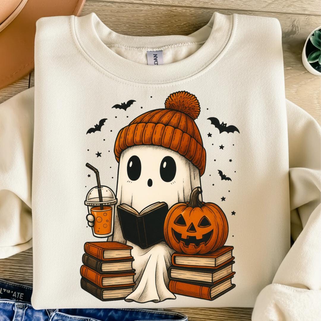 Cute Ghost Reading Books PNG, Halloween Ghost With Pumpkin Digital ...