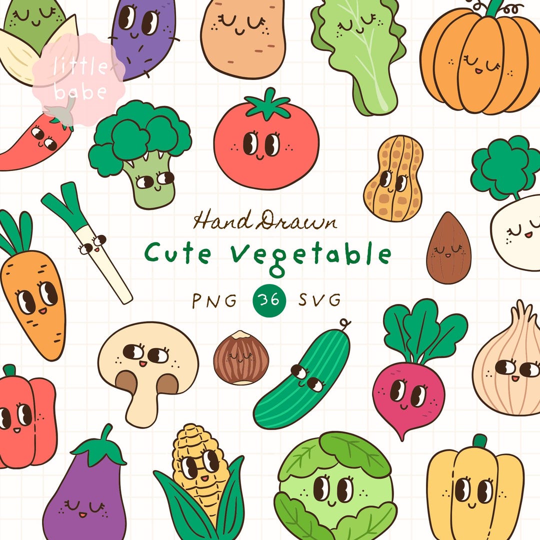 Kawaii Vegetable Clipart: Hand-drawn PNG & SVG, Classroom Decor - Etsy