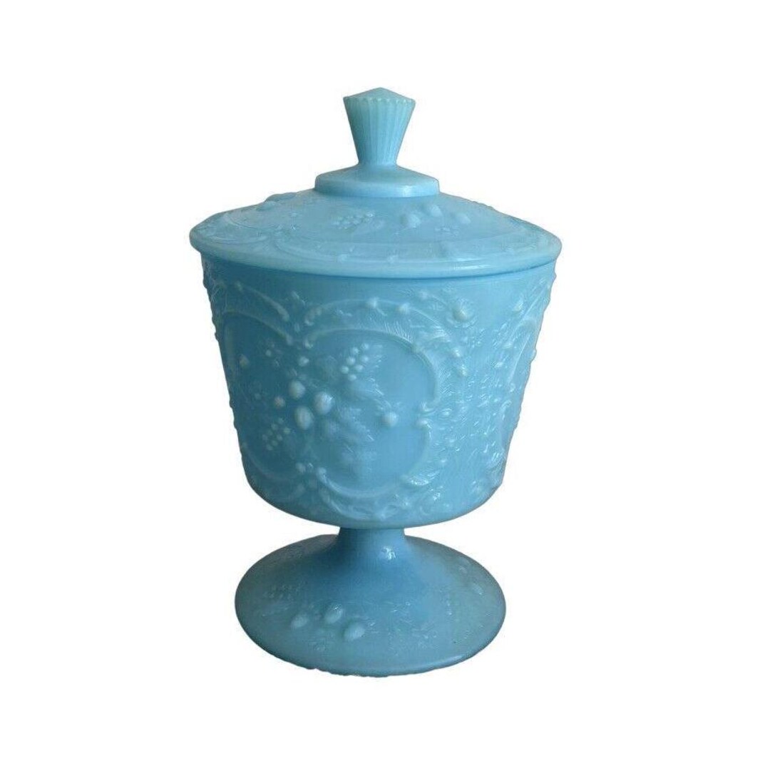 Fenton Vintage Blue Satin Wild Strawberry Compote Footed Candy Dish ...