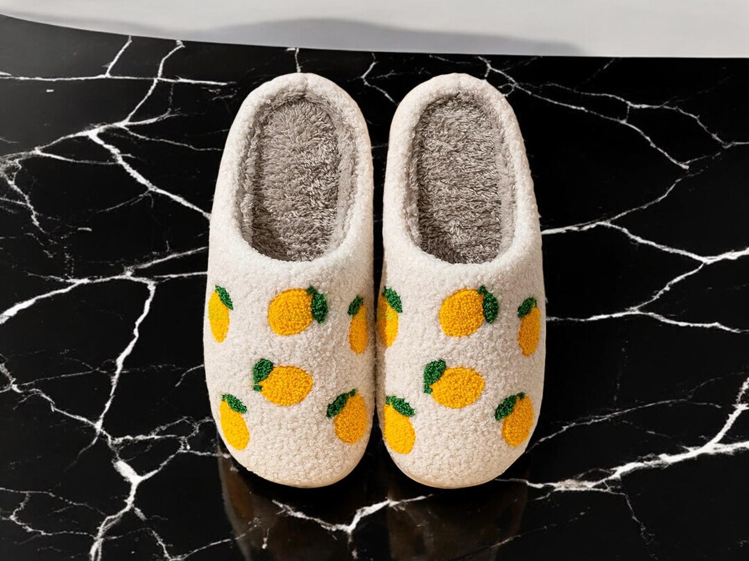Lemon-themed White Plush Slippers Unisex Cozy Shoes Wide Size Range - Etsy
