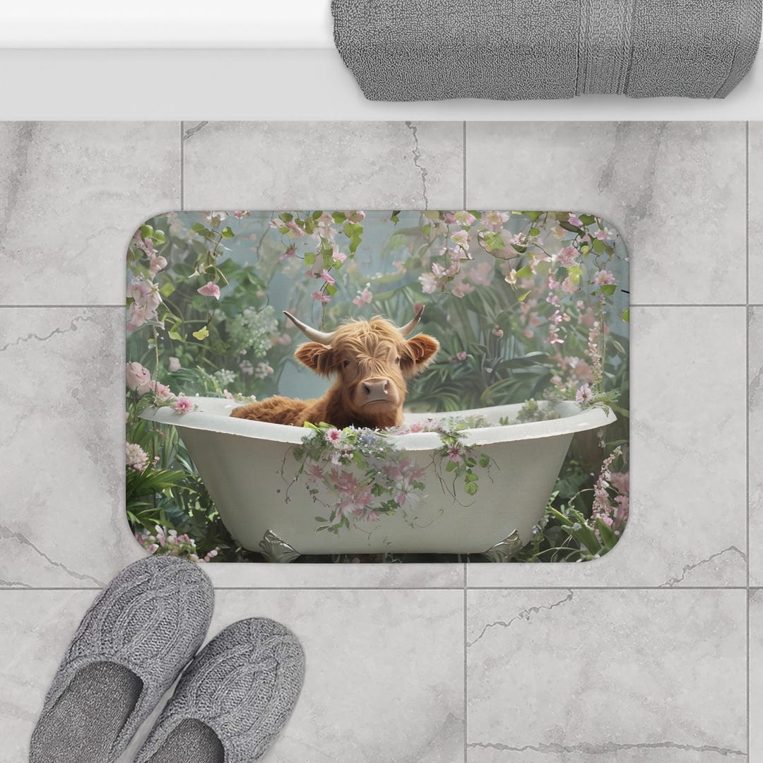 Whimsical Highland Cow Bath Mat - Cute Bathroom Decor, Rustic Farmhouse ...