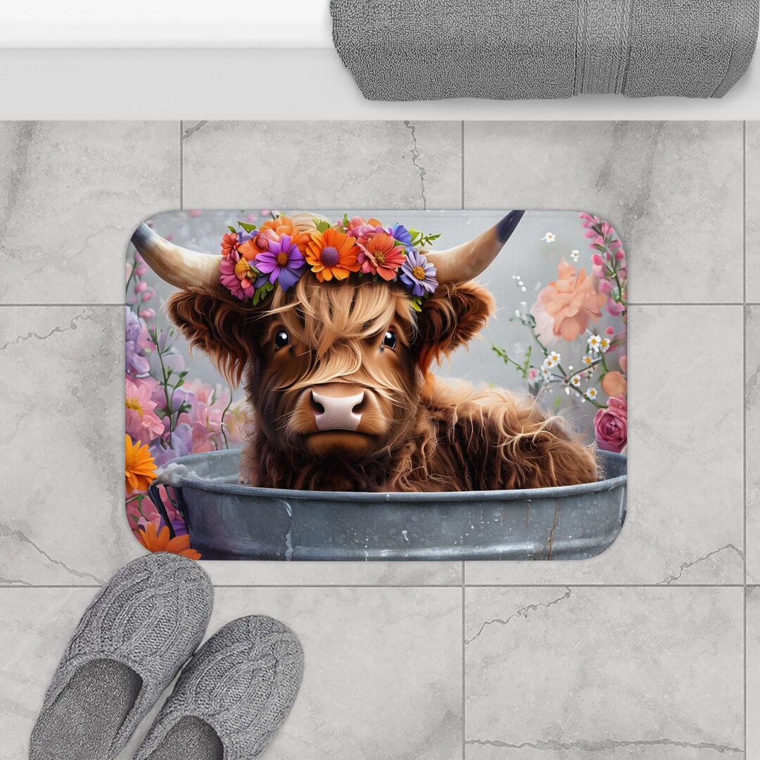 Whimsical Cow Bath Mat, Floral Farmhouse Decor, Cute Cow Decor for ...
