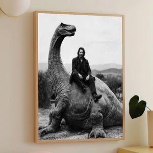Keanu Reeves Riding a Dinosaur — Surreal Black & White Printable Wall Art, Retro Photo Collage ...