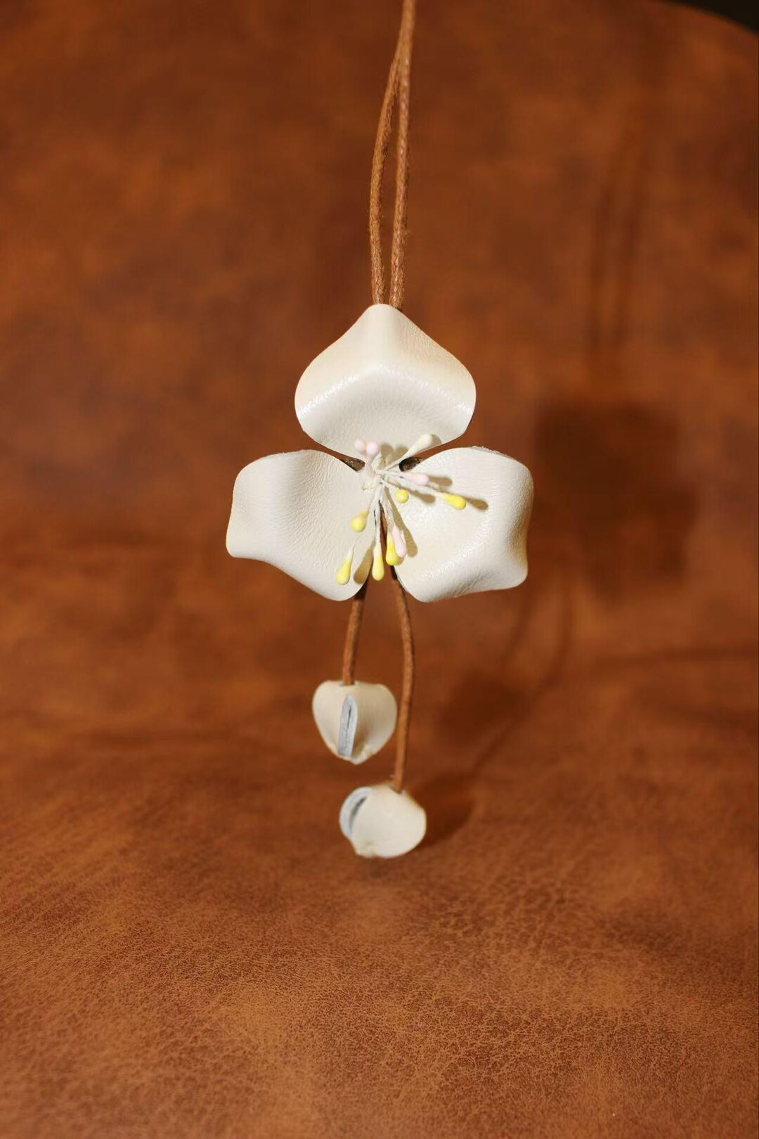 Leather White Flower Bag Charm, Handmade Blossoming Flower Bag Charm ...