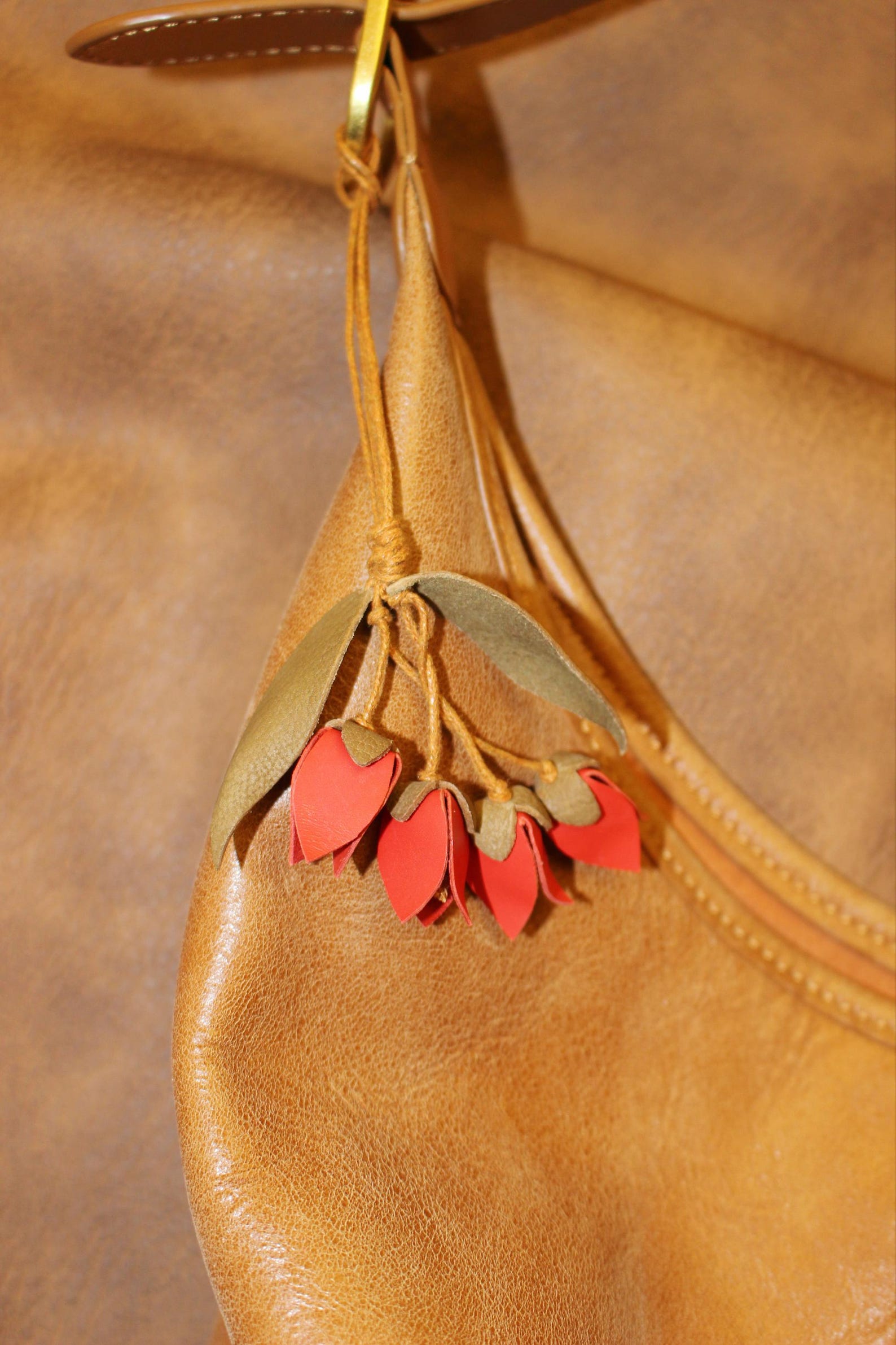 Leather Red Flower Bag Charm, Handmade Flower Bag Charm, Red Floral Bag ...