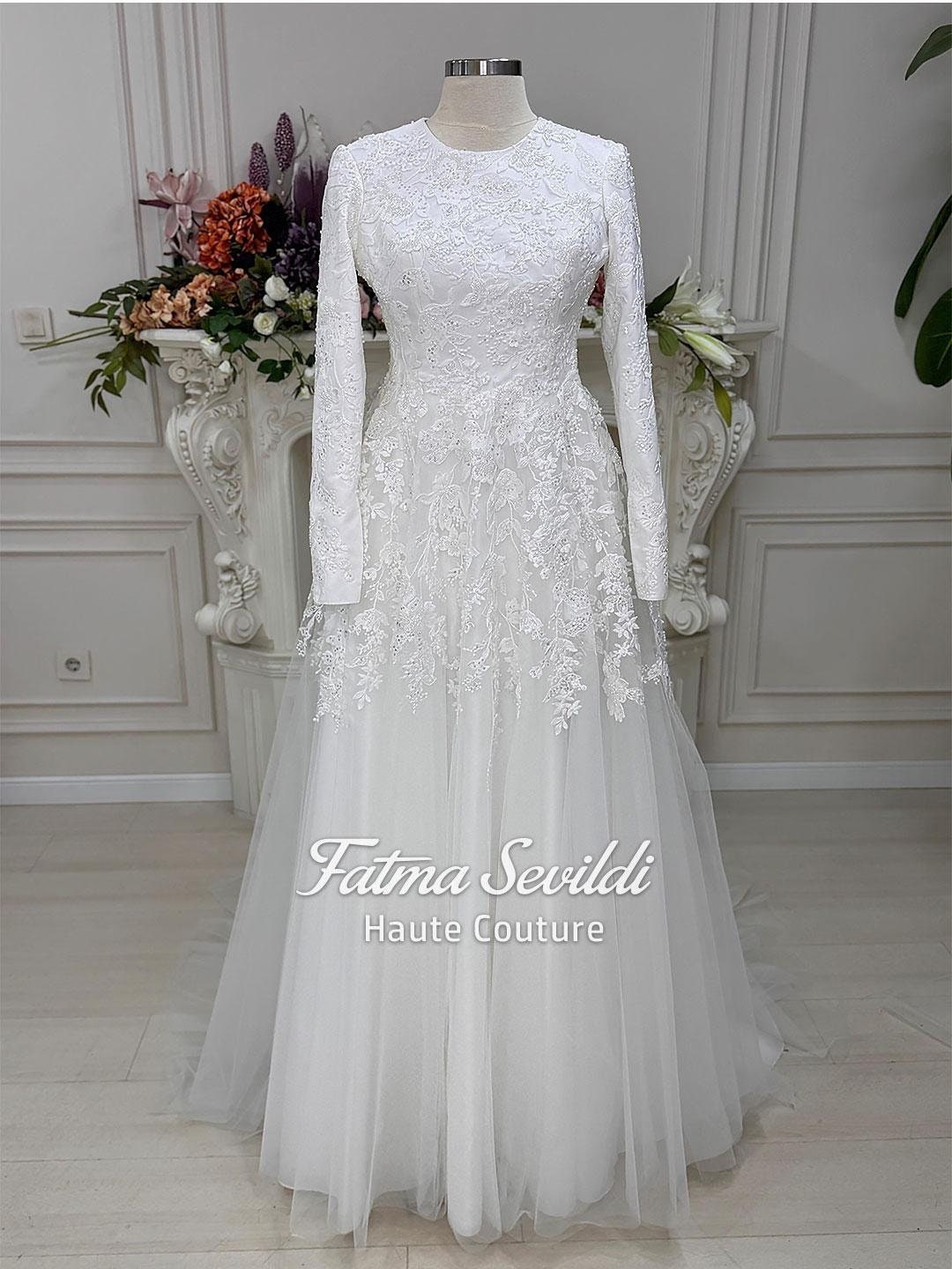 Veiled Modest Wedding Dress, Muslim Wedding Dress, Beaded Lace Bridal ...