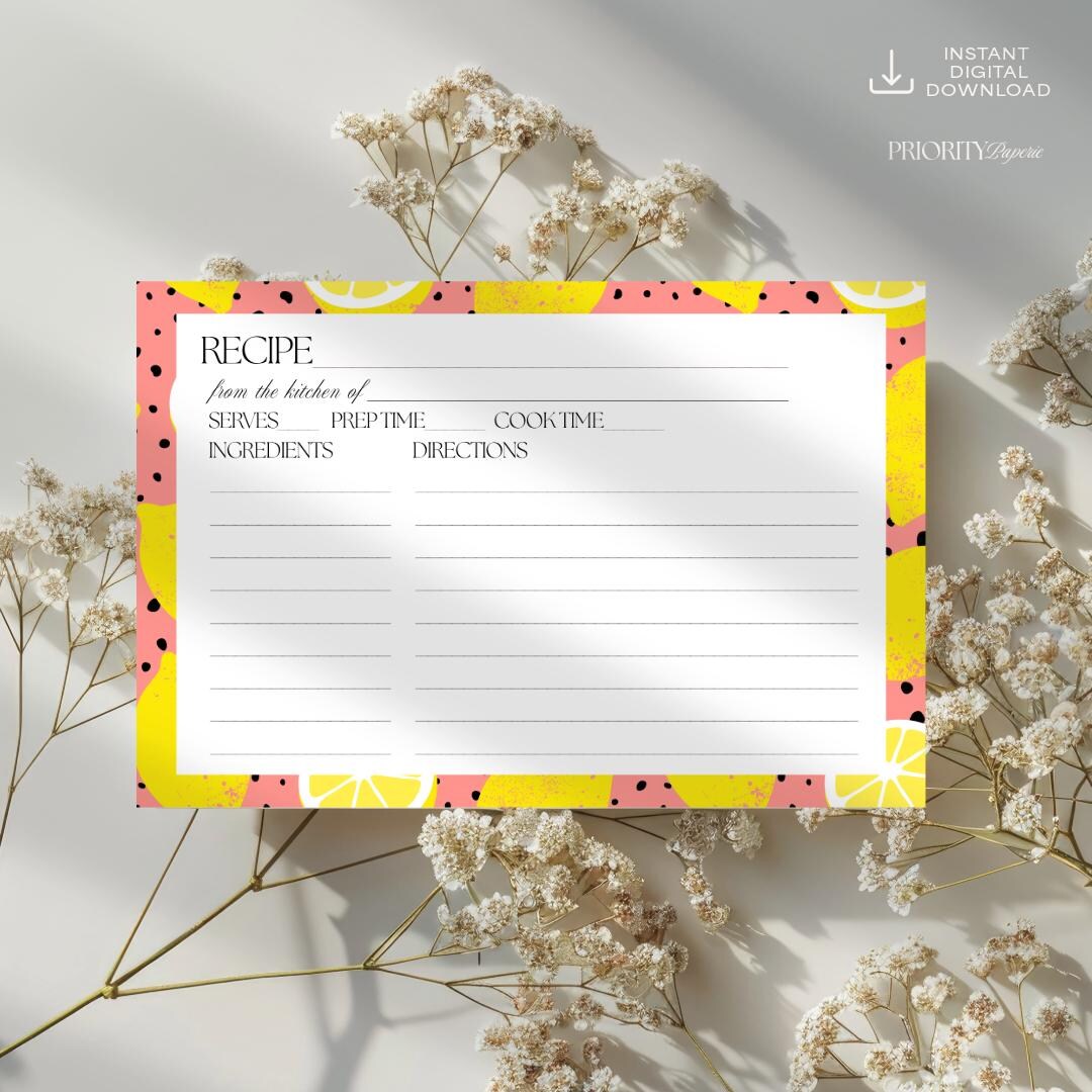 Lemon Recipe Card Template for Bridal Shower | Printable Recipe Cards ...