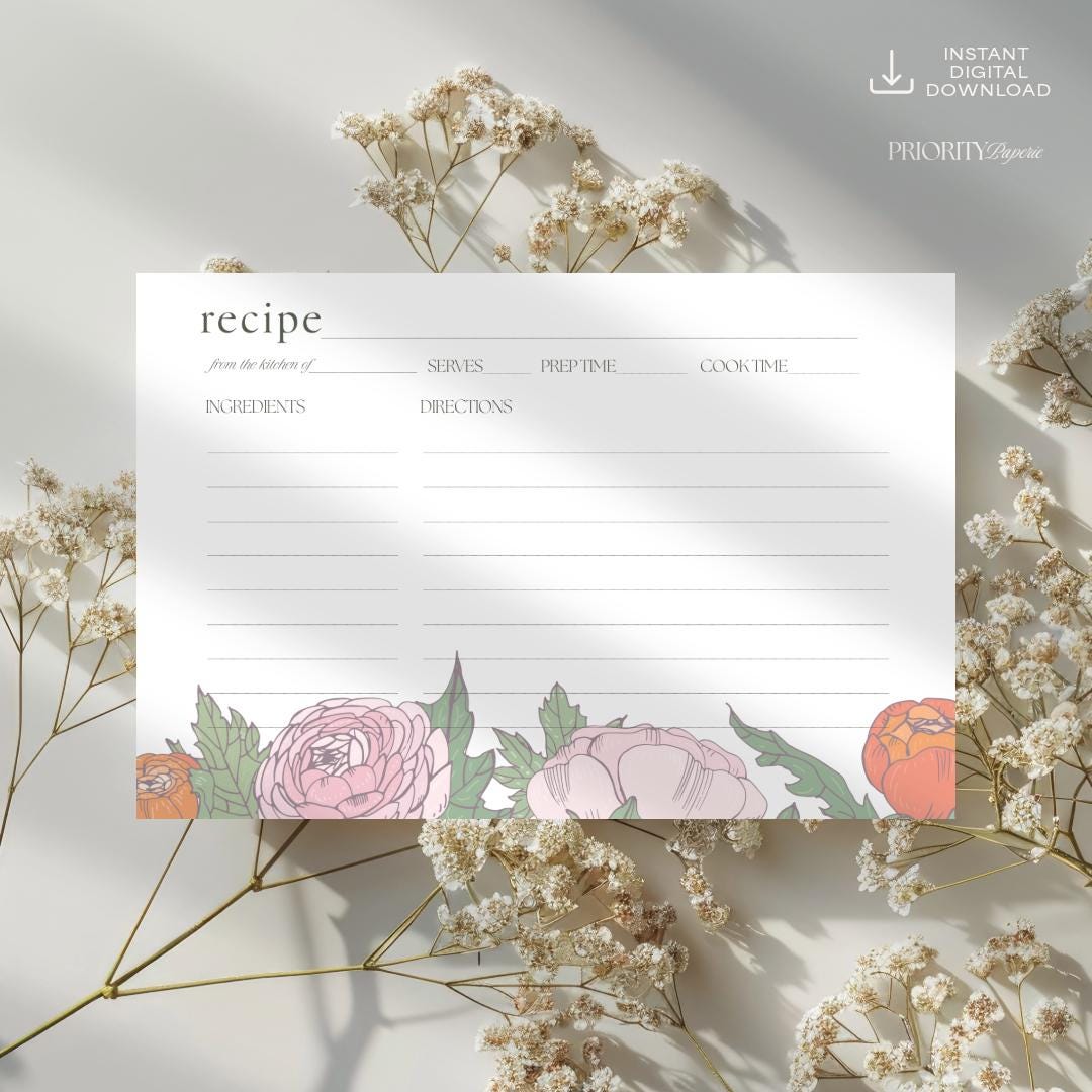 Floral Recipe Card Template | Printable Recipe Cards for Kitchen ...