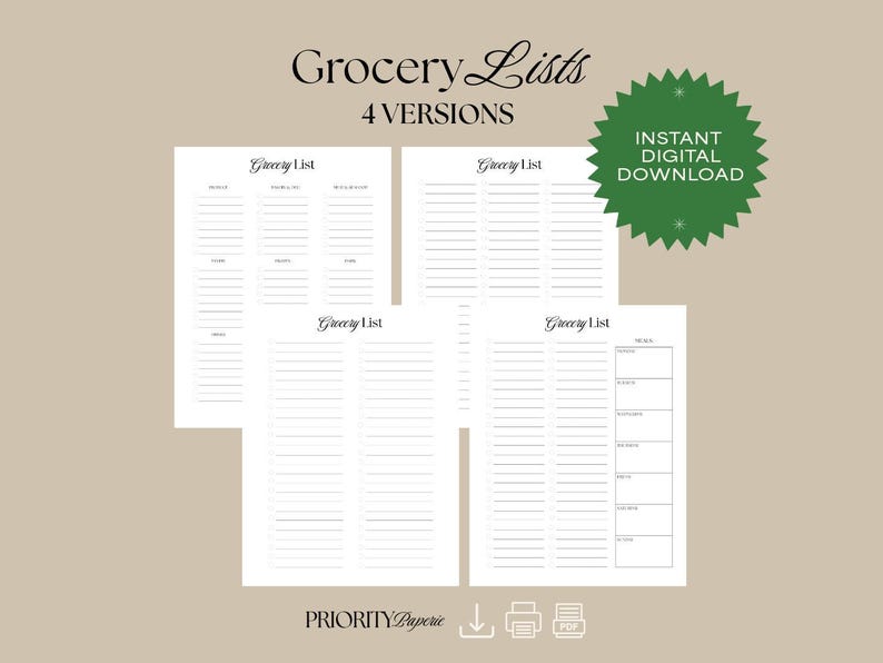 Printable Grocery List Template | Digital Download | 4 Versions ...