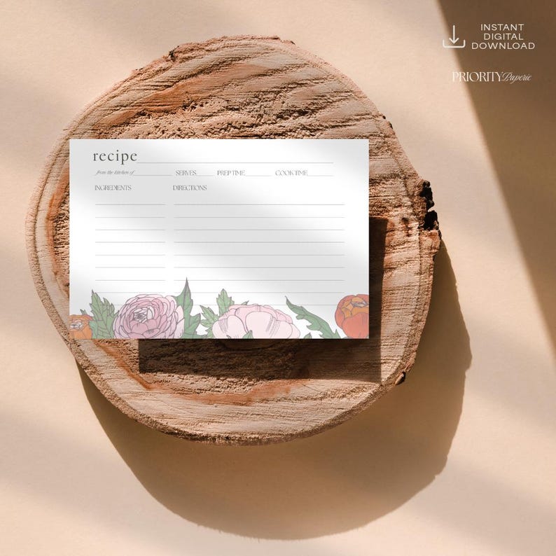 Floral Recipe Card Template | Printable Recipe Cards for Kitchen ...