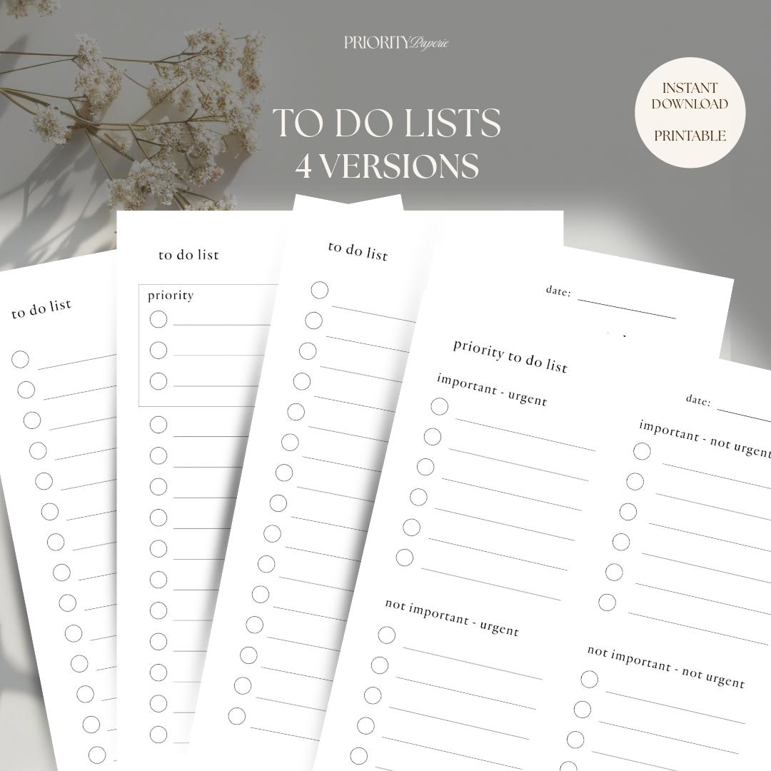 4 Daily to Do Lists - One Page Printable PDF, Simple Digital Download ...