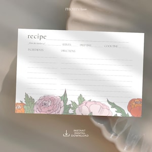 Floral Recipe Card Template | Printable Recipe Cards for Kitchen ...