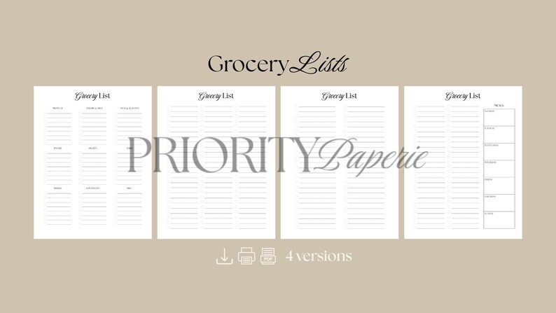 Printable Grocery List Template | Digital Download | 4 Versions ...