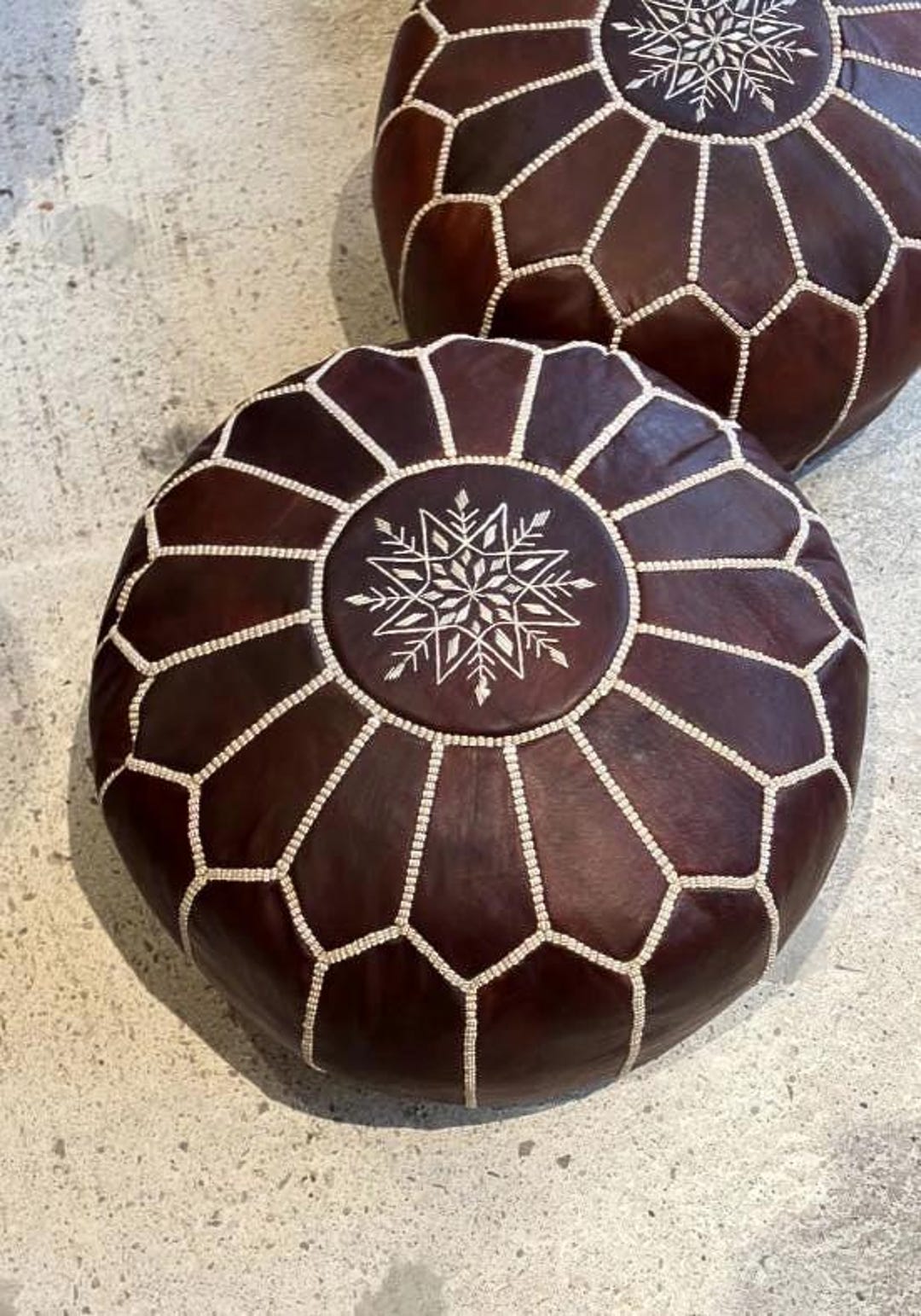 Rustic Brown Leather Pouf-moroccan POUF With White Stitching Leather ...