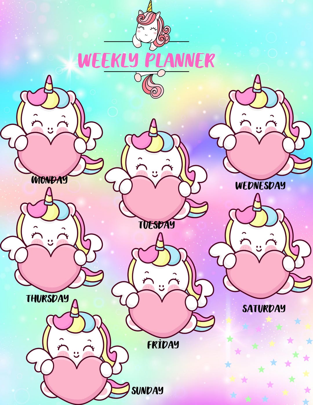 Adorable Unicorn Weekly Planner Printable Kawaii Weekly Organizer for ...