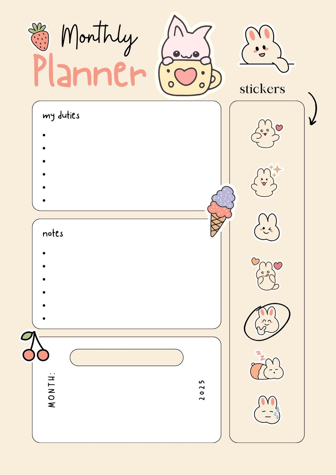 Cute Monthly Planner Template With Stickers - Kawaii Digital Organizer ...
