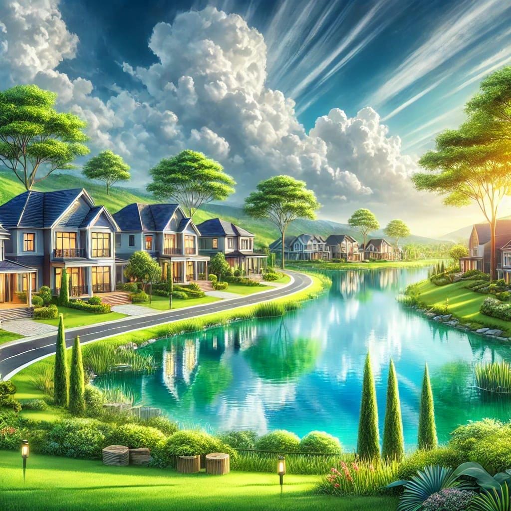 Luxury Lakefront Houses Wall Art - Tranquil Landscape With Modern Homes ...