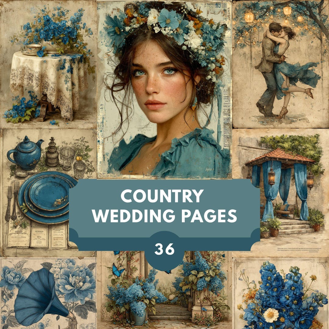 Country Wedding Junk Journal Pages – 36 Printable Vintage Blue ...