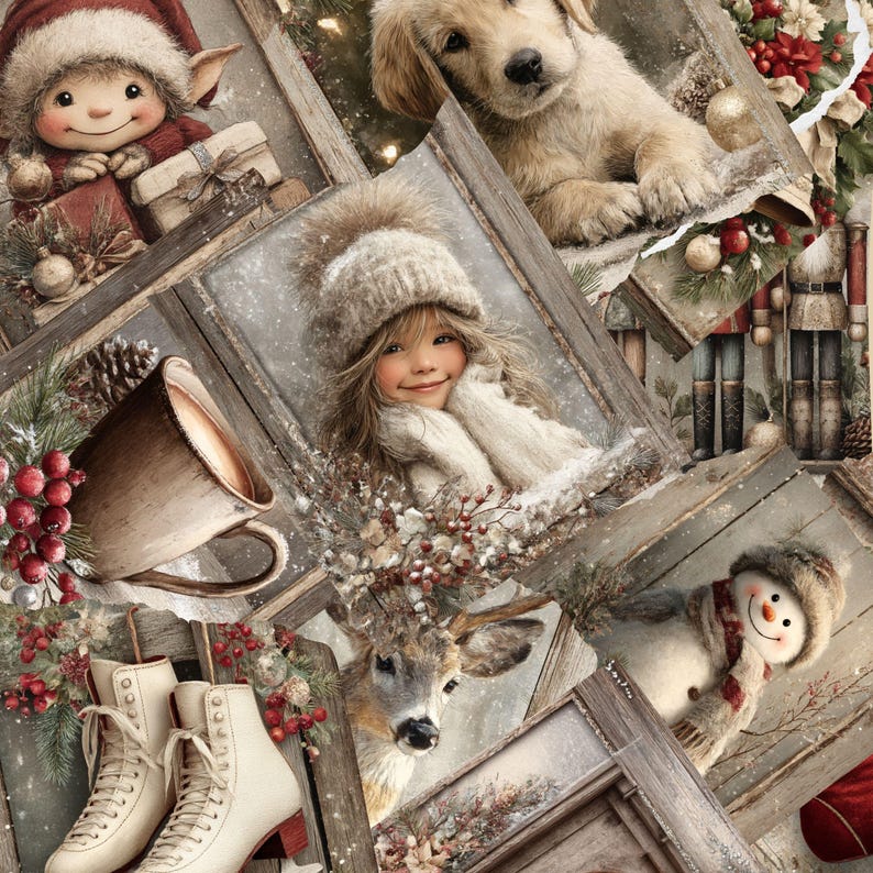 Rustic Christmas Digital Paper: Vintage Scrapbook Pages (36 JPG Files ...