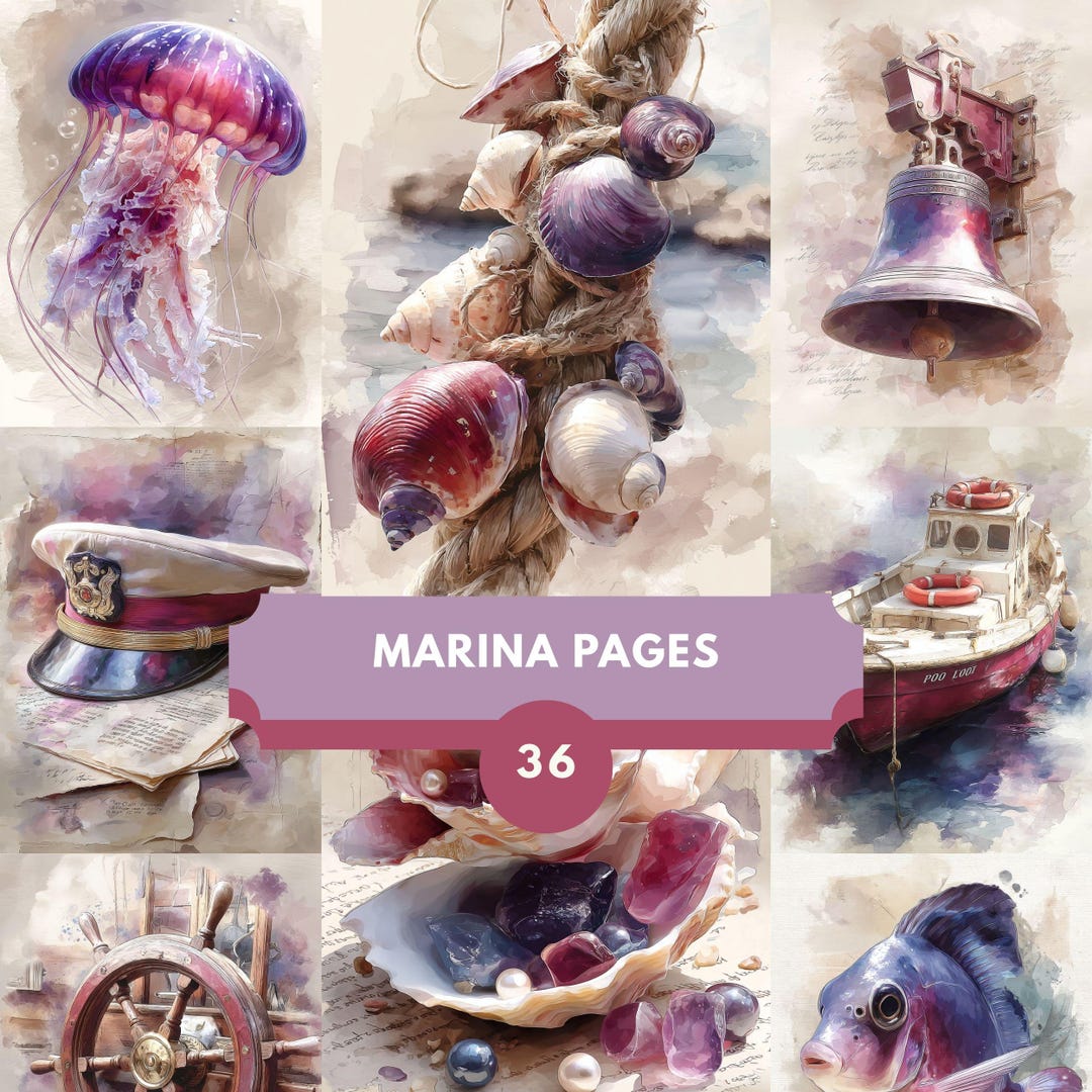 Watercolor Marina Scrapbook Paper: Nautical Ephemera, Sea Life (digital ...