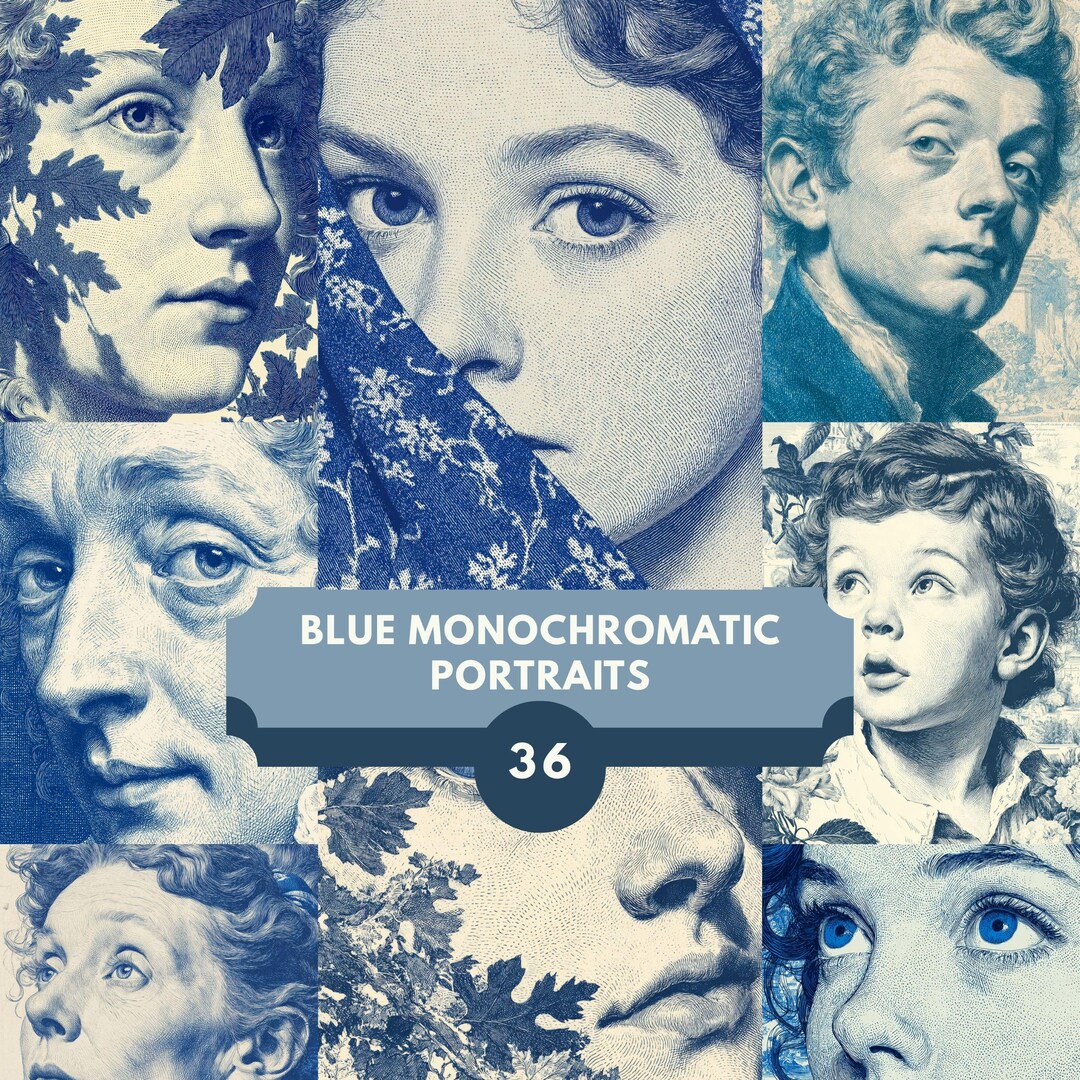 Blue Monochromatic Portraits,junk Journal, Digital Paper, Vintage ...