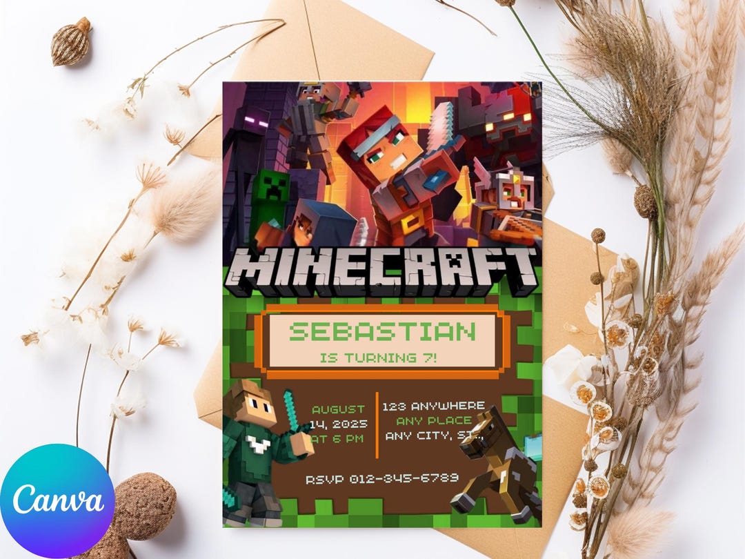 Editable Minecraft Birthday Invitation Mine Invite Template Minecrafter ...